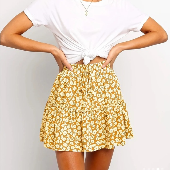 Temu | Skirts | Boho Floral Print Drawstring High Waist Tiered Ruffled ...